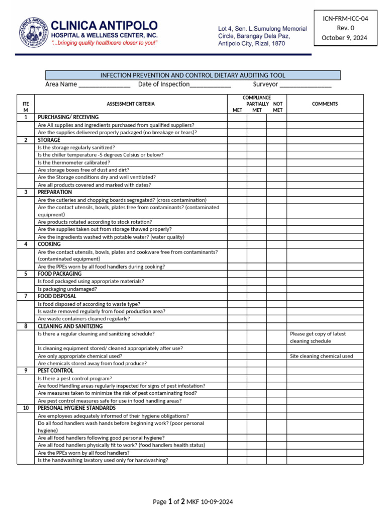 Infection Control Dietary Audit Tool | PDF | Hygiene | Hand Washing