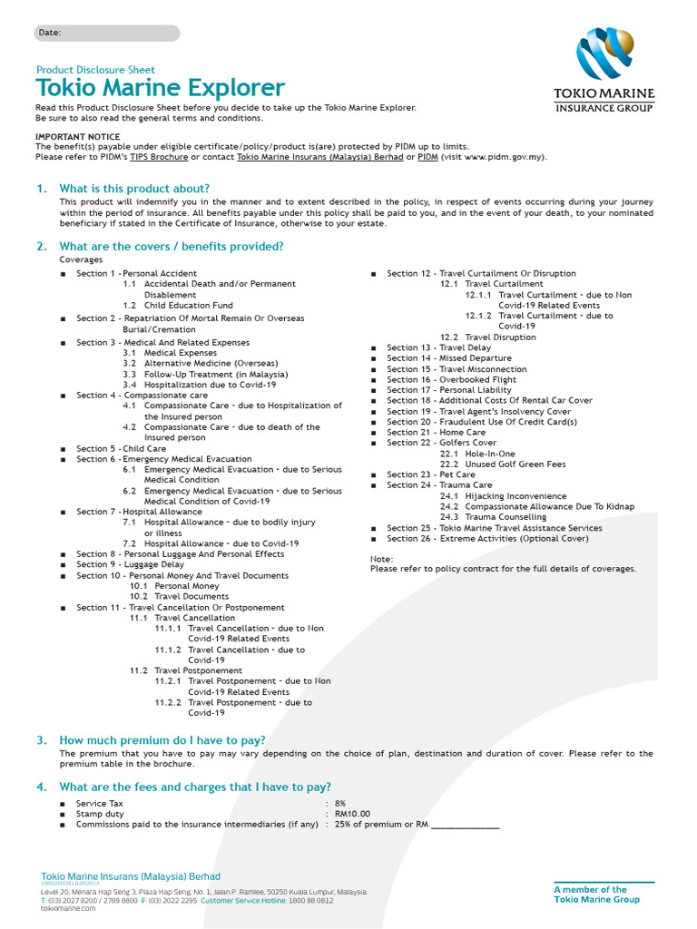 Tokio Marine Explorer Disclosure Sheet (English) | PDF | Insurance | Duty Of Care