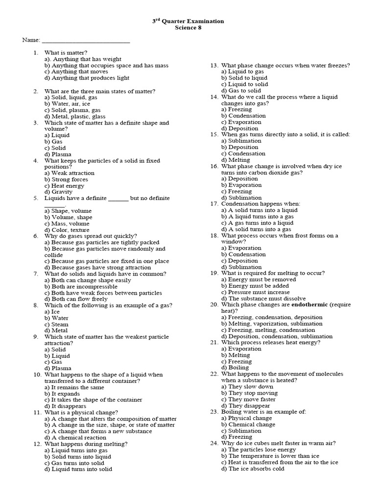 SCIENCE 8 3rd Quarter Examination | PDF | Liquids | Phase (Matter)
