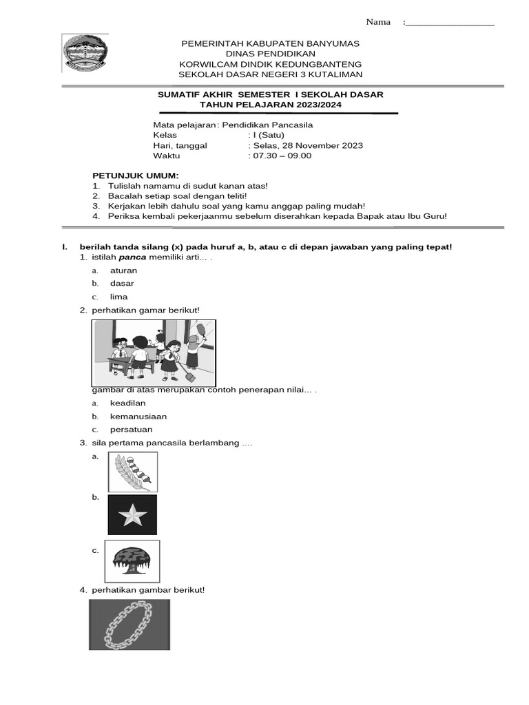 SOAL SAS 1 Kelas 1 Pendidikan Pancasila 2022_2023 | PDF