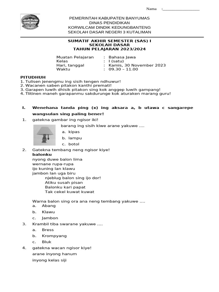 SOAL SAS 1 Kelas 1 Bahasa Jawa 2022 - 2023 | PDF