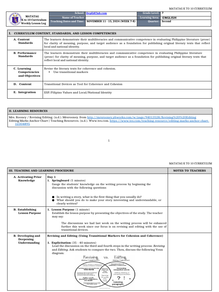 Grade 7 English Lesson Plan: Transitional Devices | PDF | Curriculum | Teachers