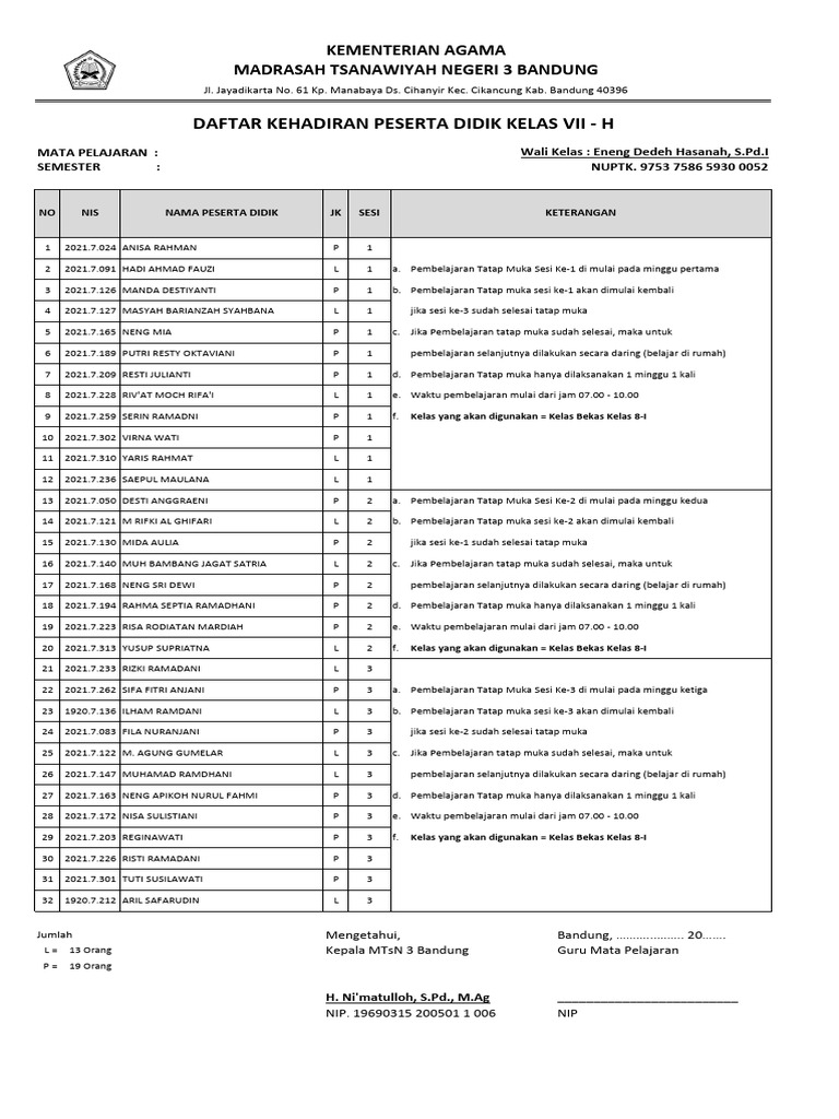 [7-H] Daftar Siswa KBM Tatap Muka | PDF