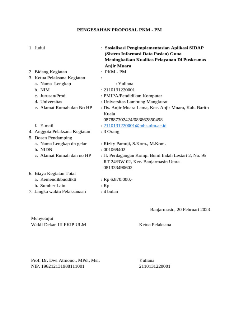 FORM PENGESAHAN PROPOSAL PKM 2023 FIX | PDF