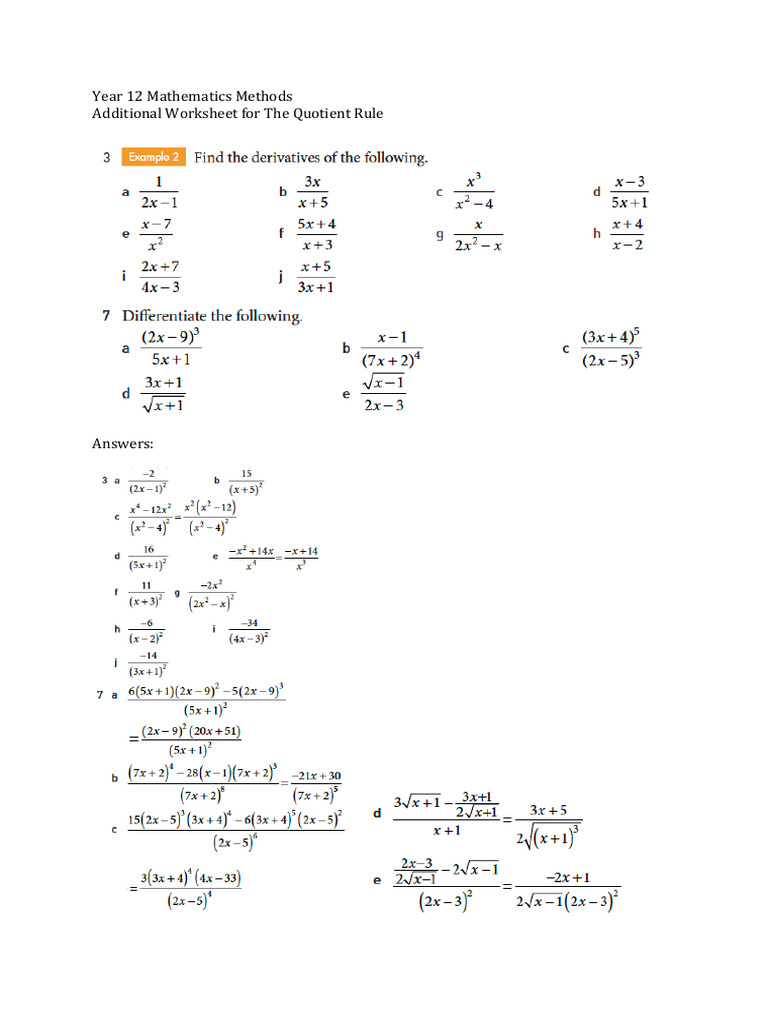 Year 12 Maths: Quotient Rule Worksheet | PDF