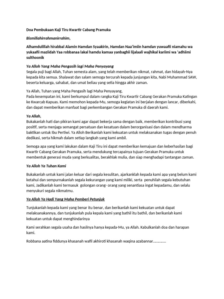 Doa Pembukaan Kaji Tiru Kwartir Cabang Pramuka | PDF