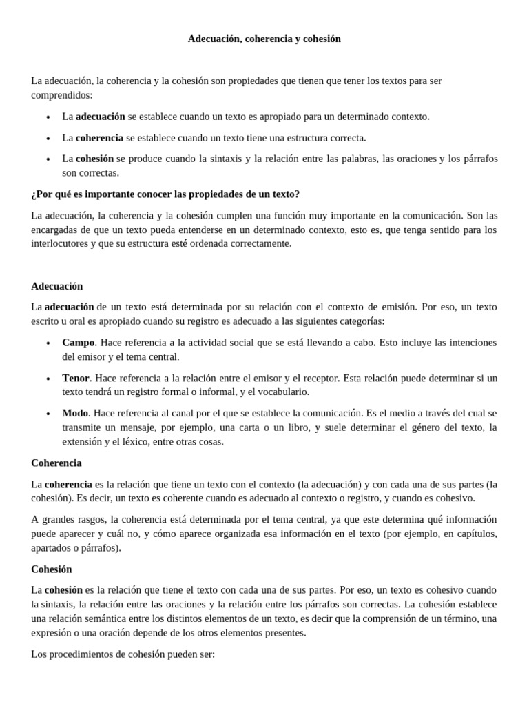 Propiedades Textuales: Adecuación, Coherencia y Cohesión | PDF | Pronombre | Comunicación