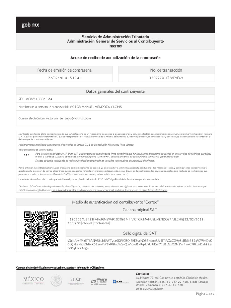 Acuse de Recibo de Contraseña SAT | PDF | Contraseña