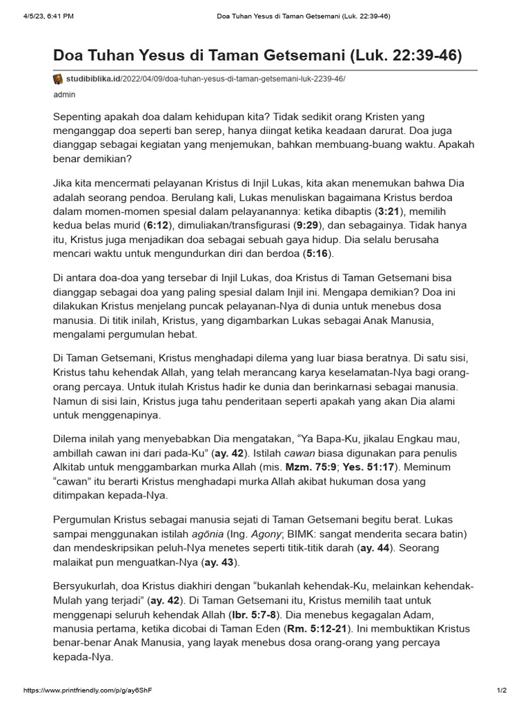 Doa Tuhan Yesus Di Taman Getsemani (Luk. 22 - 39-46) | PDF