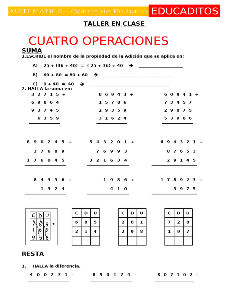 Cuatro Operaciones para Quinto Grado de Primaria | PDF | Matemática ...