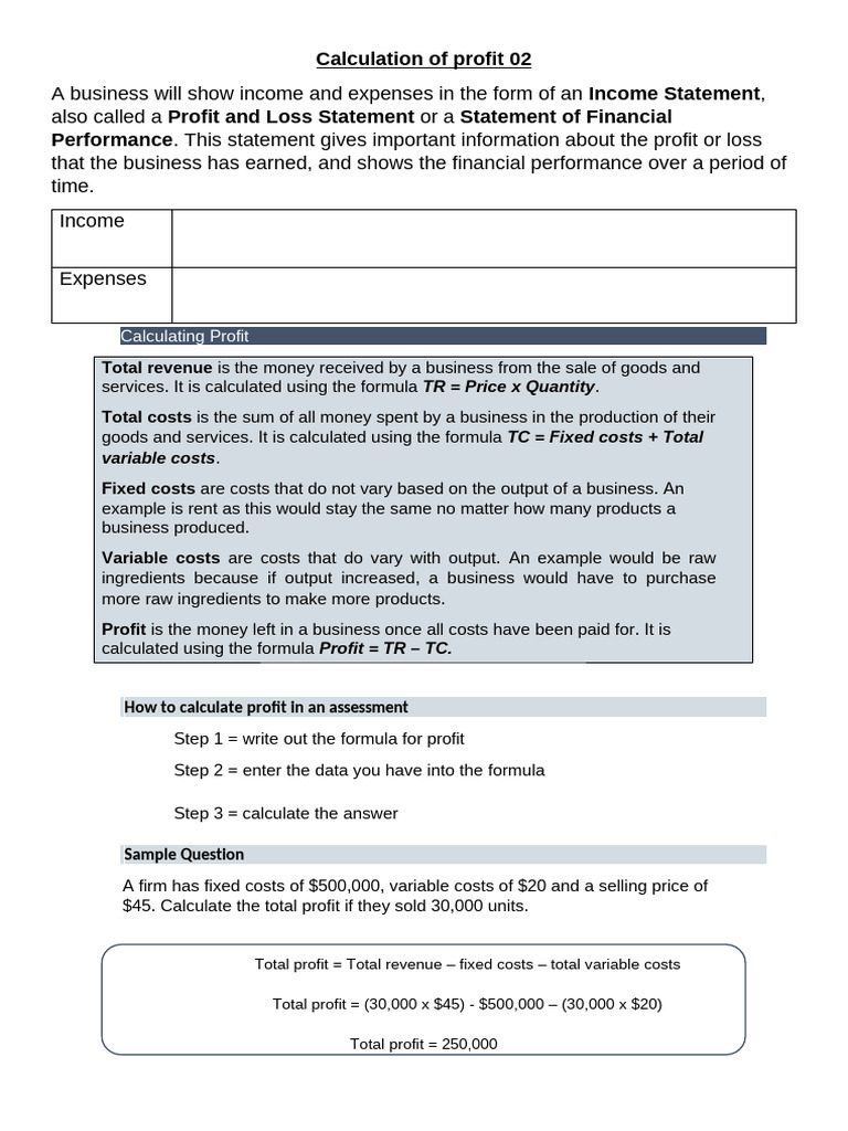 02 Calculation of Profit | PDF | Profit (Economics) | Income Statement