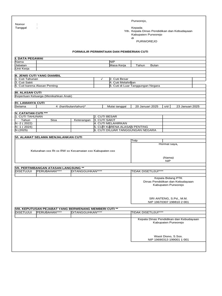 FORM CUTI CONTOH | PDF