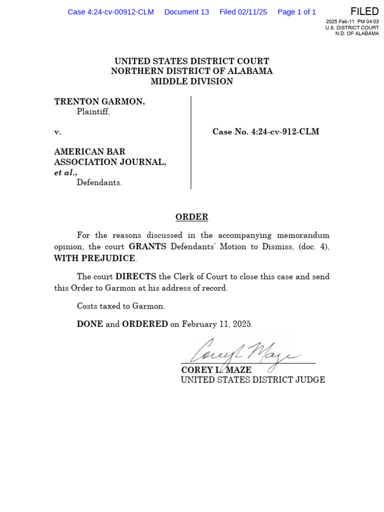 Court Dismisses Garmon v. ABA Journal Case | PDF