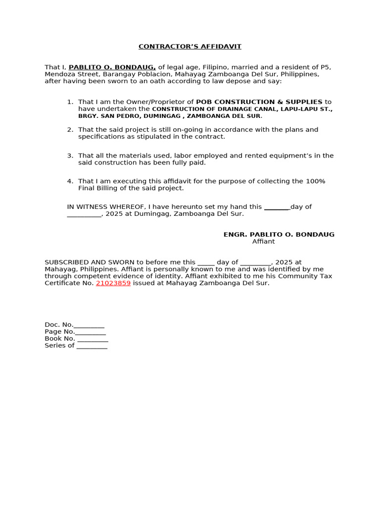 Contractor's Affidavit - Final Billing | PDF