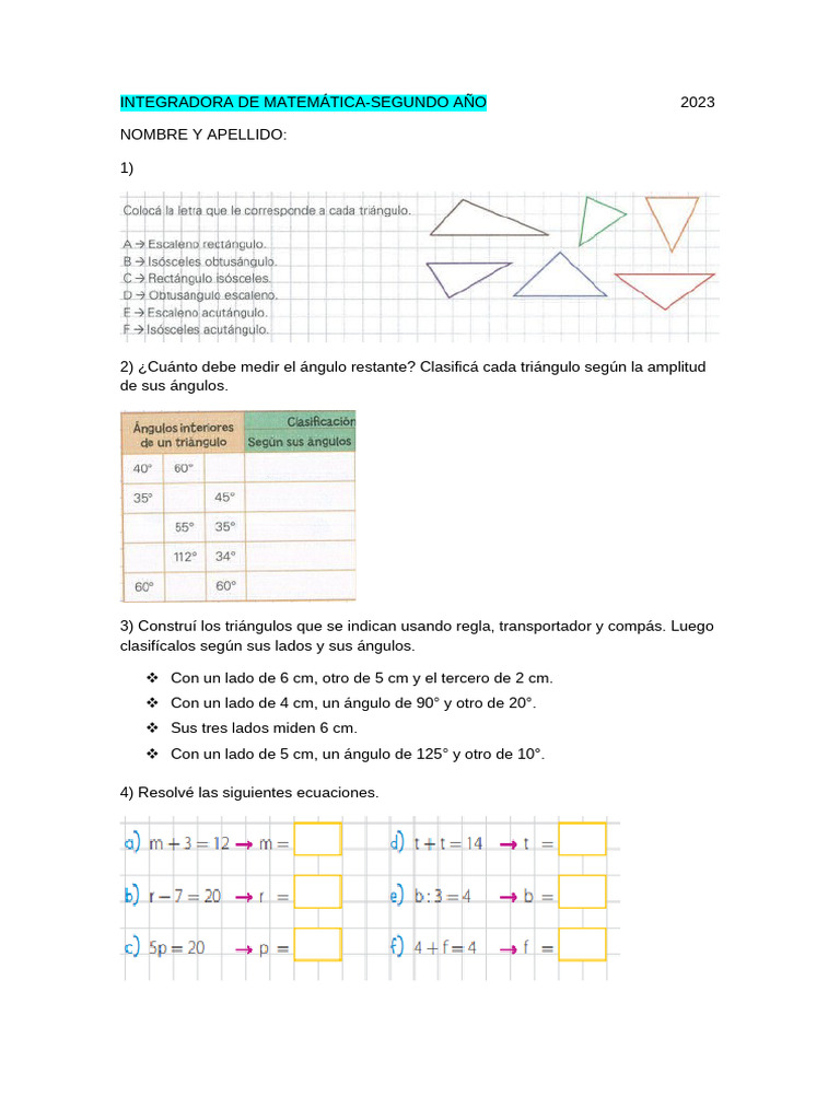 Integradora de Matemática - Segundo Año | PDF