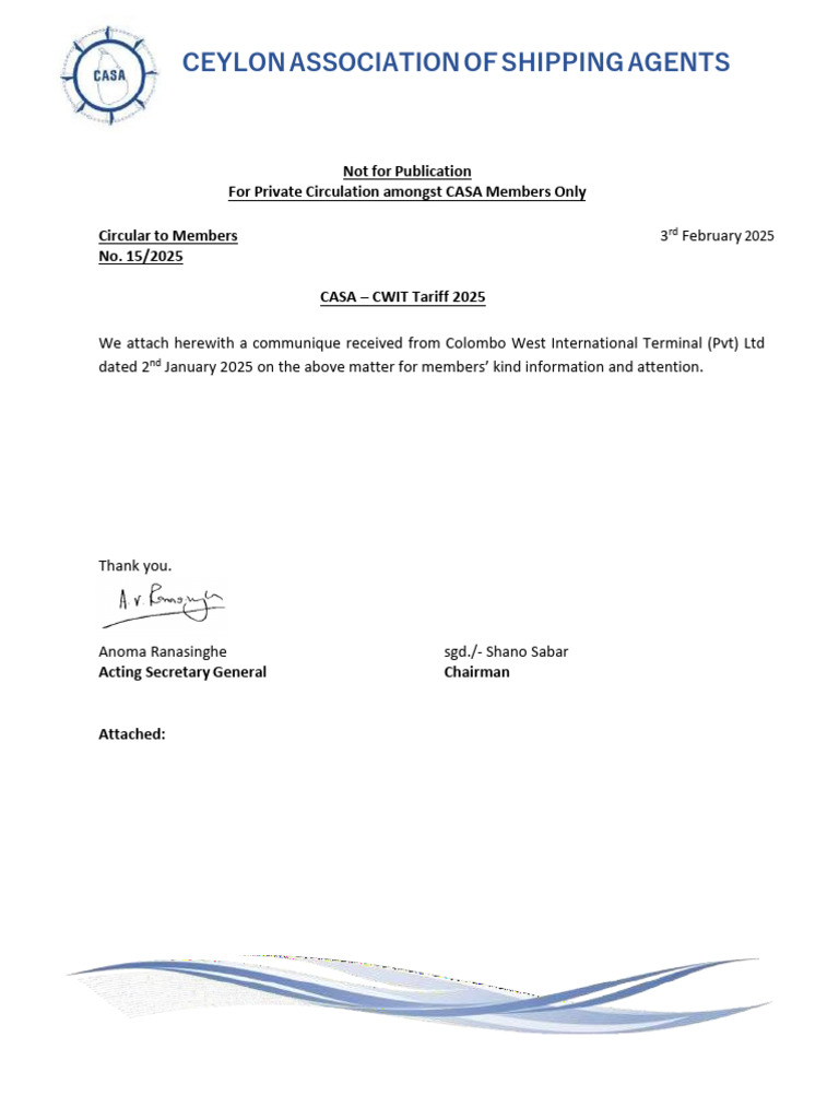 15-2025 Casa - Cwit Tariff 2025 | PDF | Containerization | Banks