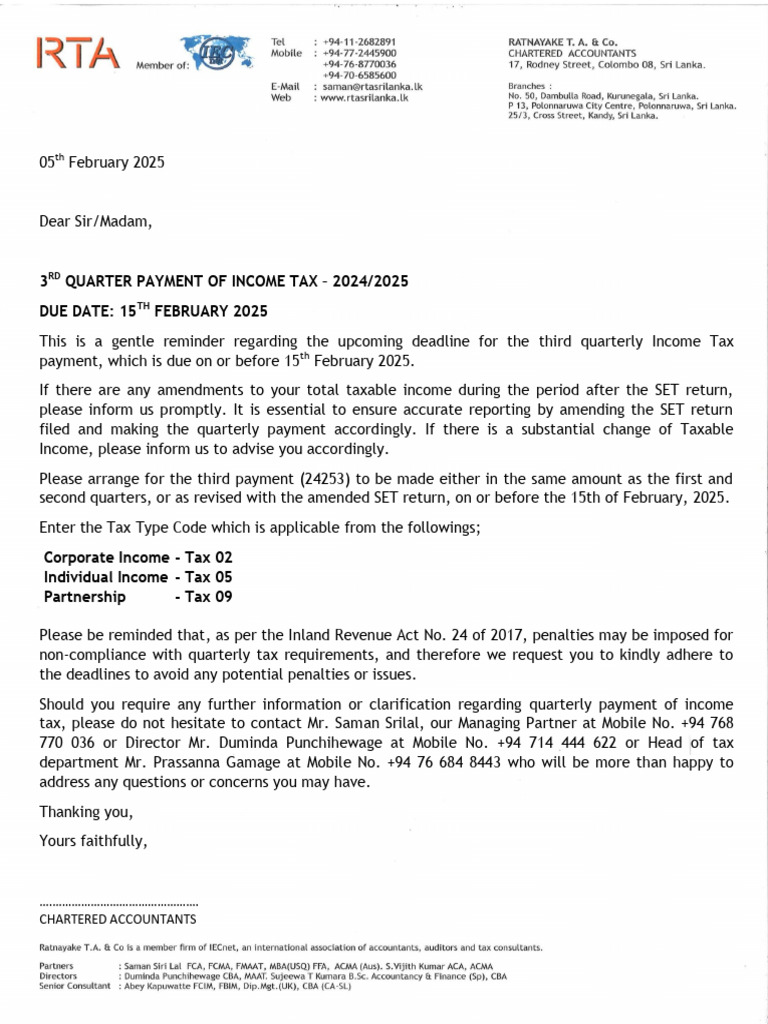 Quartely - Tax - Payment - Advice - Letter 24253 | PDF