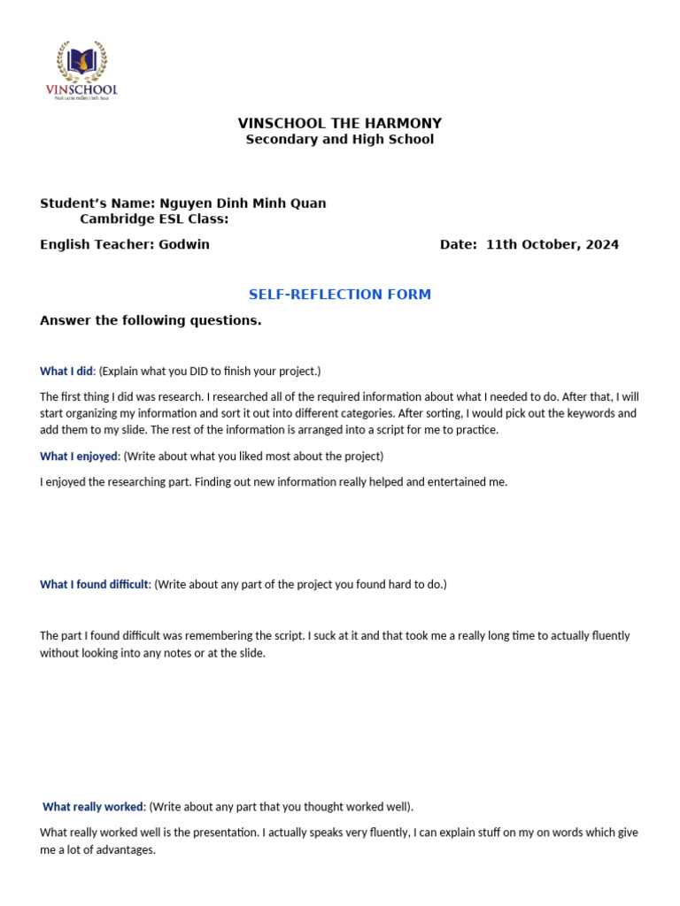 Minh Quan 8B1 SELF-REFLECTION FORM | PDF