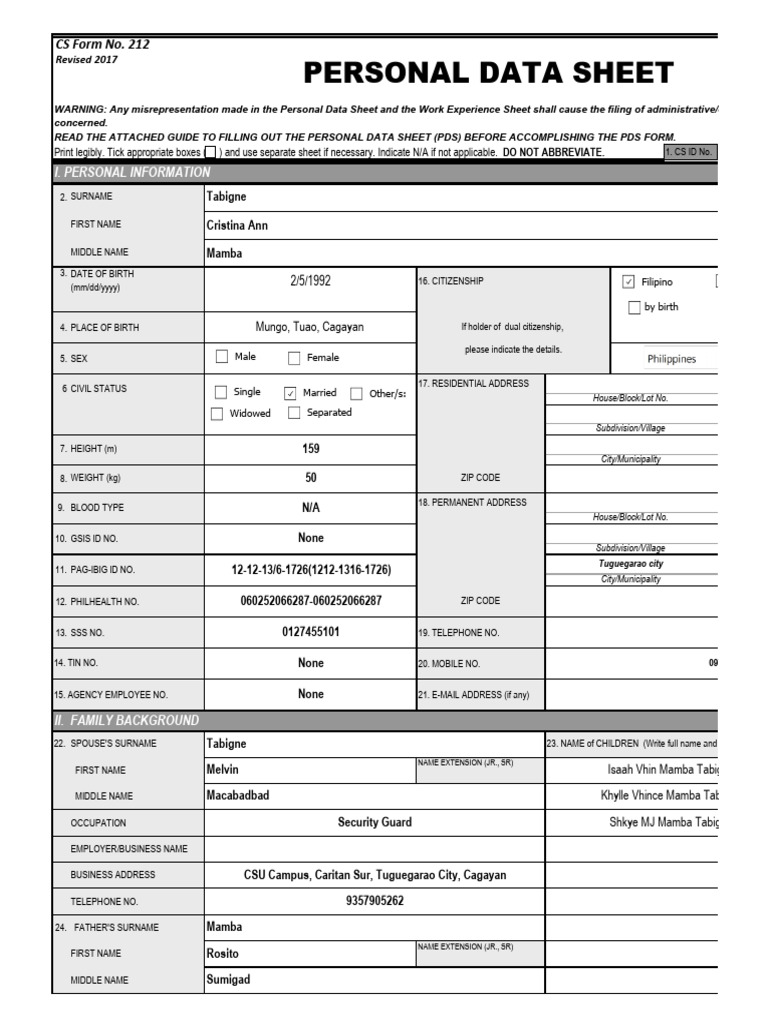 CS Form No. 212 Personal Data Sheet Revised | PDF | Government And Personhood | Government