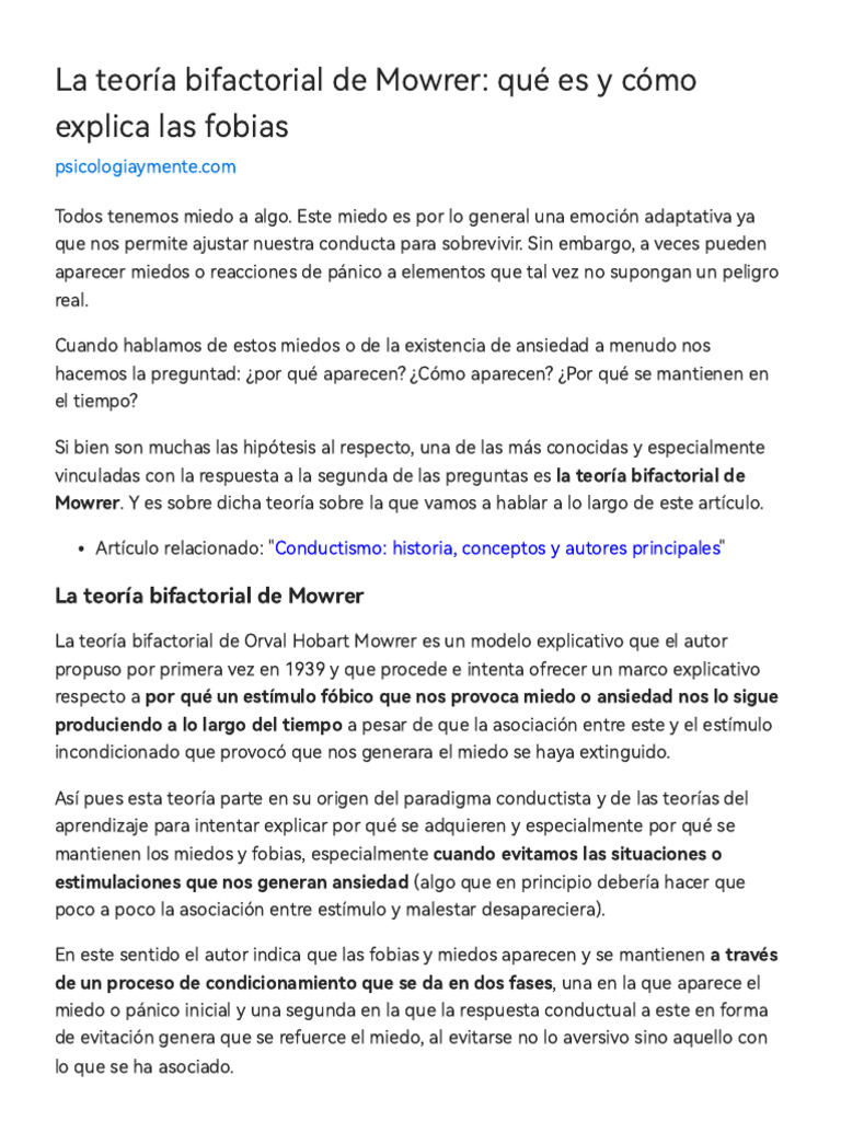 La Teoría Bifactorial de Mowrer - Qué Es y Cómo Explica Las Fobias | PDF | Desorden obsesivo ...
