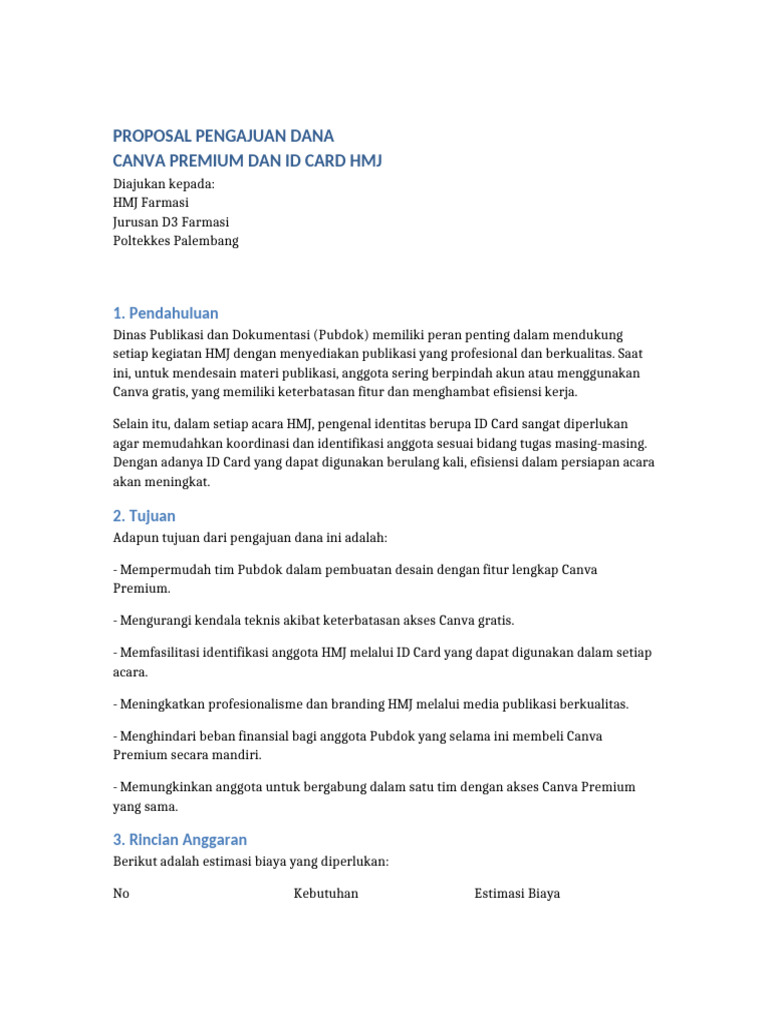 Proposal Pengajuan Dana Canva Premium IDCard HMJ Revisi | PDF