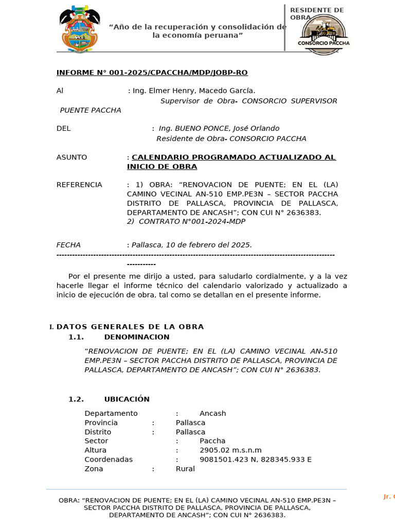 Calendario Obra Puente Paccha 2025 | PDF