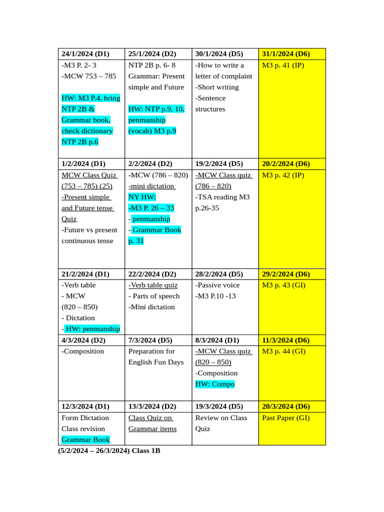 1B Teaching Schedule (3 - 2 - 25-3 - 6 - 25) | PDF