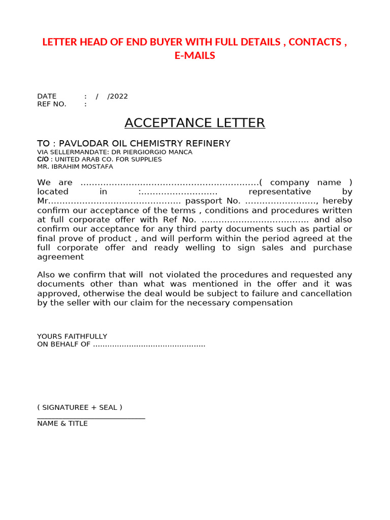 Acceptance Letter for Oil Supply Deal | PDF