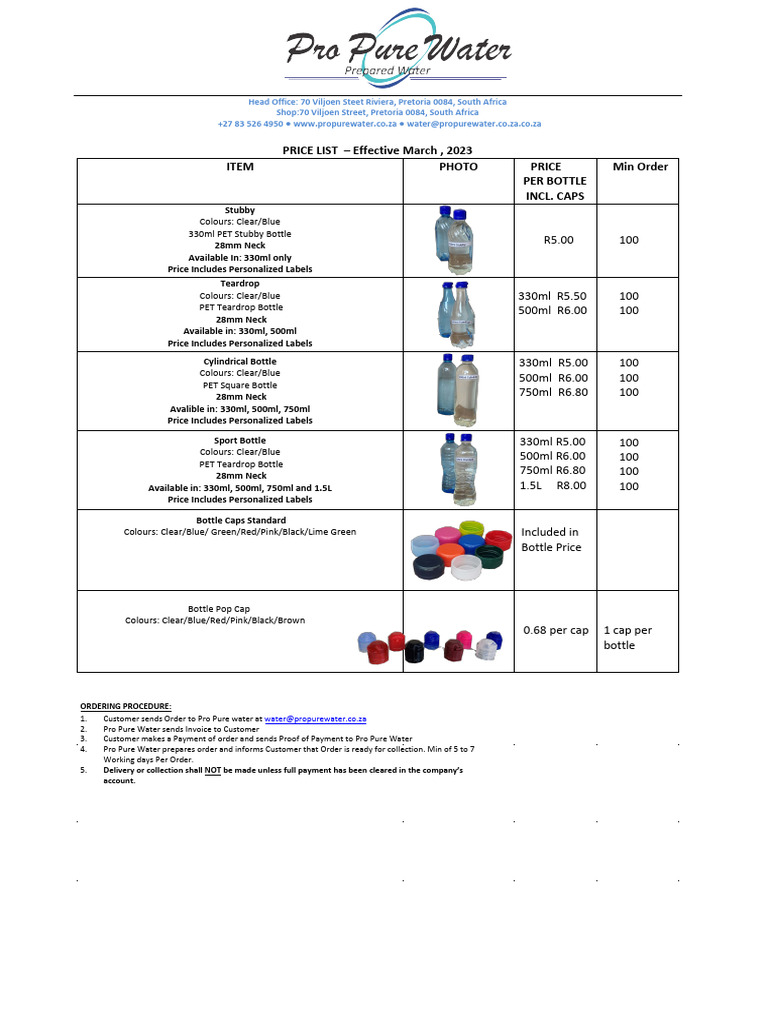 Pro Pure Water Price List Personolized Bottles | PDF