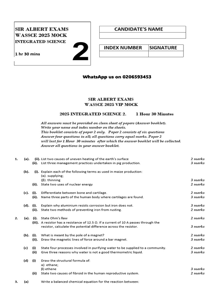 Wassce Int. Science Mock Paper 2 | PDF | Materials | Chemistry
