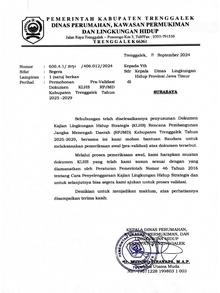 SURAT PERMOHONAN PRA VALIDASI KLHS RPJMD KAB. TRENGGALEK 2025-2029 | PDF