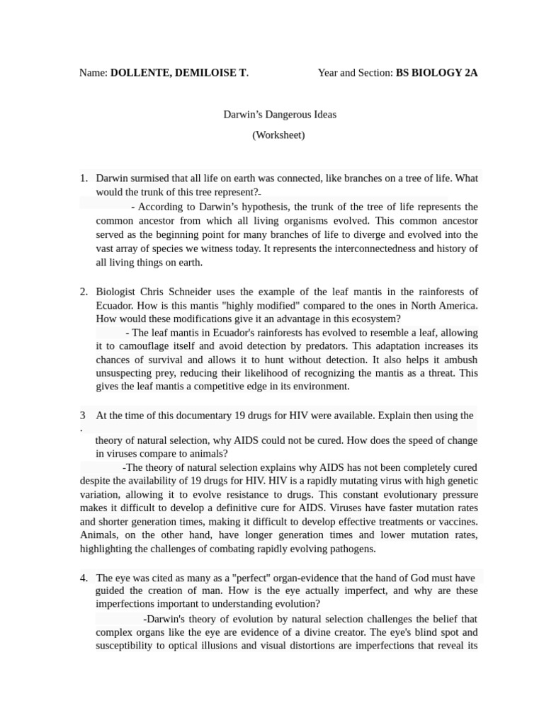 Demi Dollente Worksheet1 | PDF | Evolution | Natural Selection