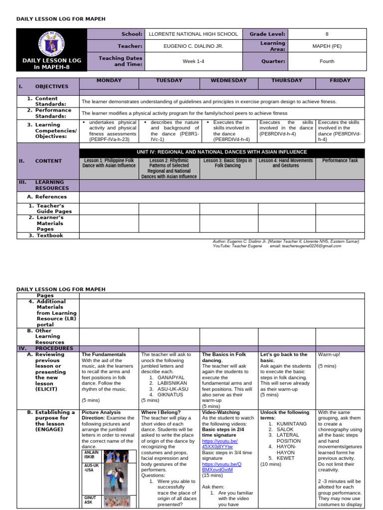 Q4-DLL PE 8 - Wk1-4 | PDF | Dances | Physical Education