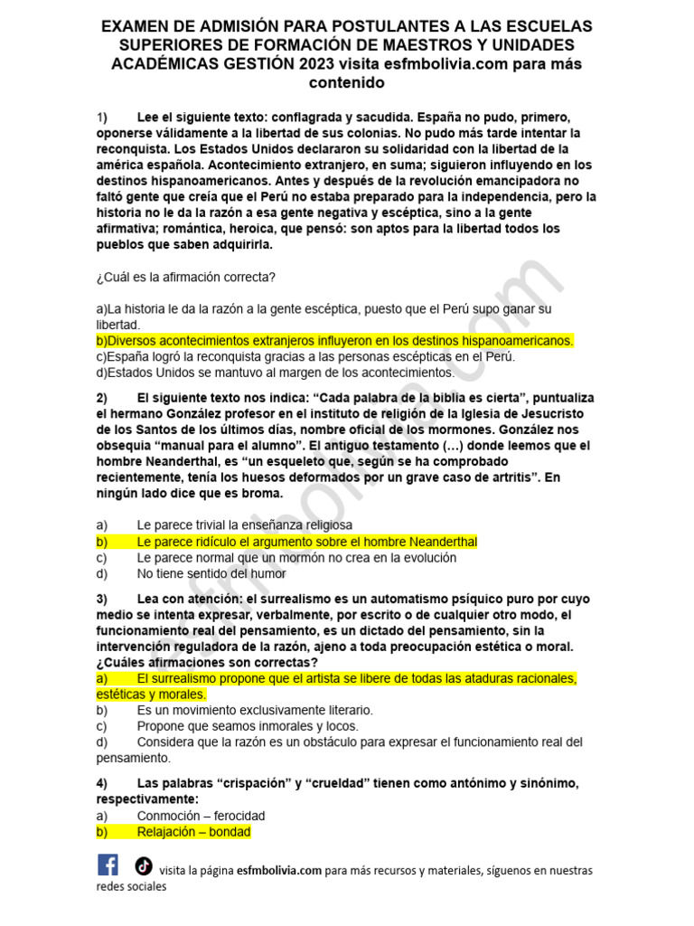Examen 2023 Con Respuestas Correctas Marcadas | PDF | Bolivia | Ensayos