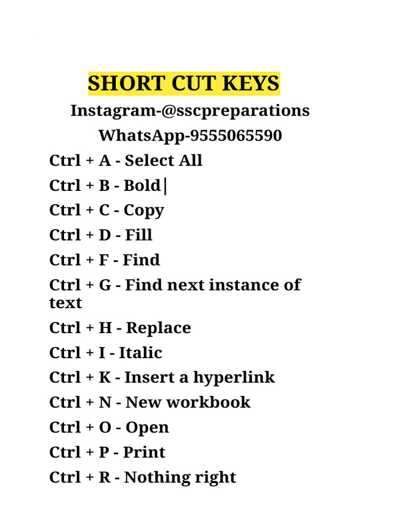 Essential Excel Shortcut Keys Guide | PDF