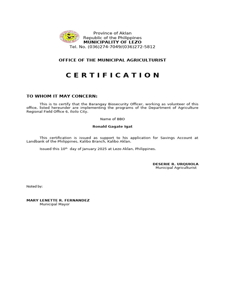 Certification for Barangay Biosecurity Officer | PDF