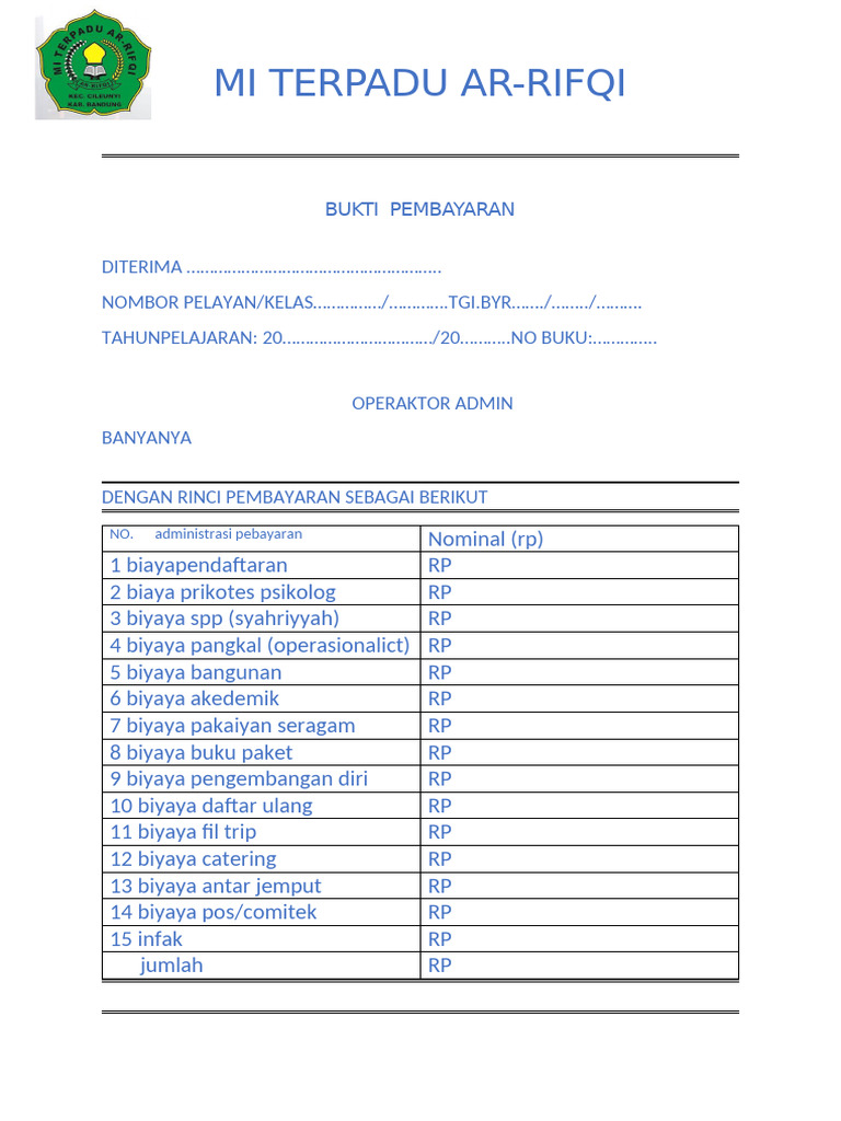 Rincian Pembayaran MI Terpadu Ar-Rifqi | PDF