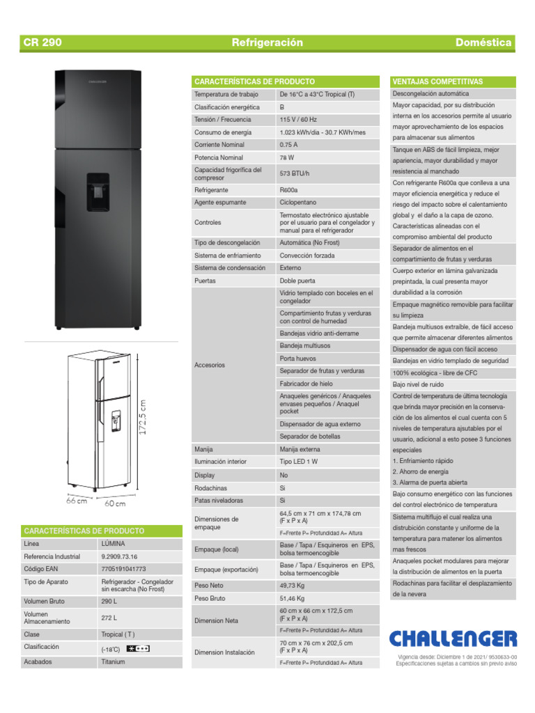MN Ficha Tecnica CR290 241206 144439 | PDF | Refrigerador