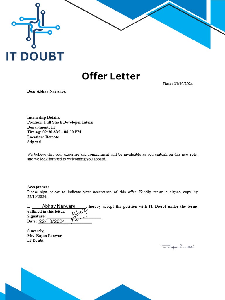 Abhay Narware Internship Offer Letter | PDF