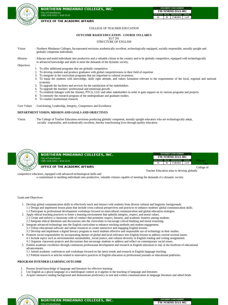 ELT 201 Structure of English | PDF | Learning | Human Communication