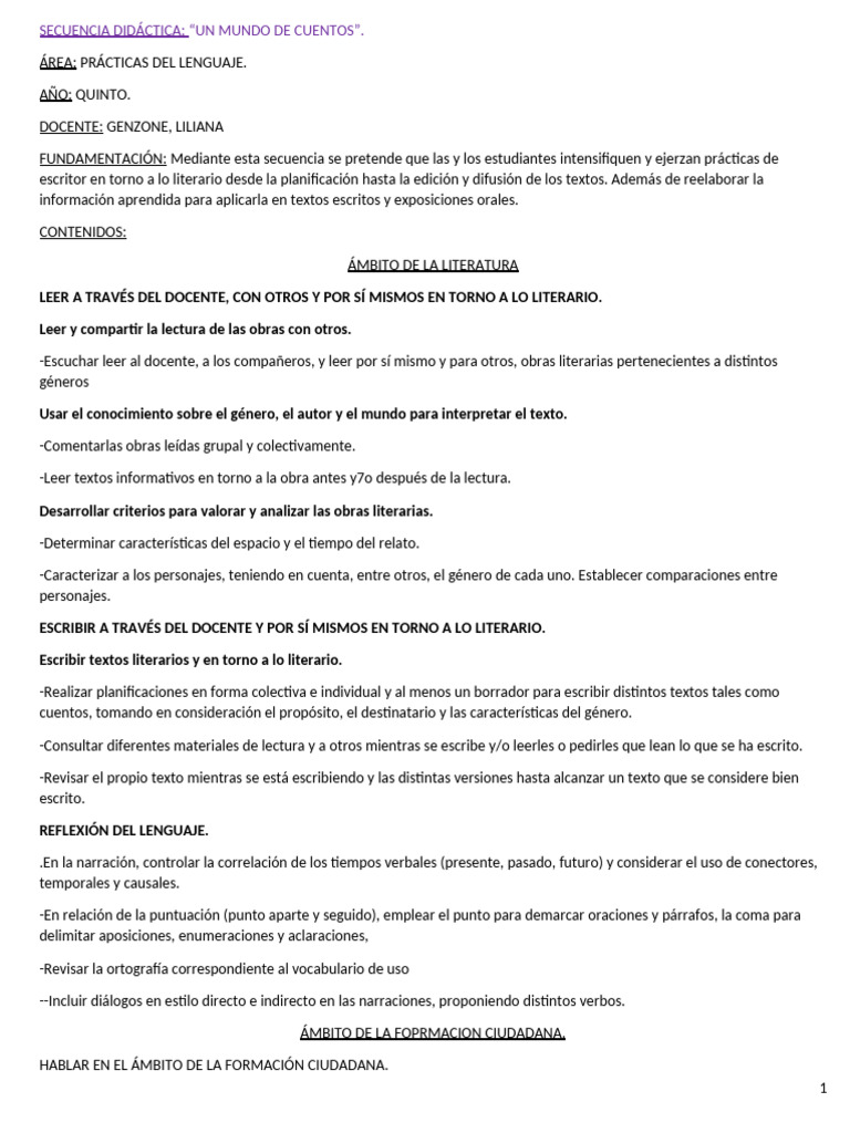 Secuencia Didáctica Práct. Del Leng. 5°año. 2023 | PDF | Narración | Cuentos