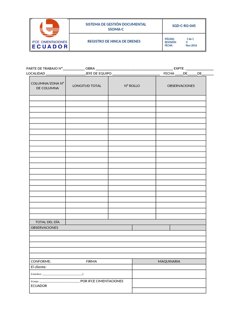 SGD-C-RG-044 Registro Hinca de Drenes | PDF