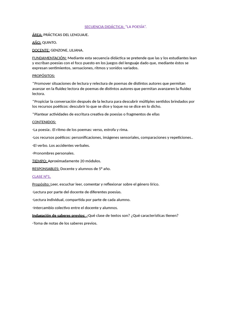 Secuencia Didáctica sobre Poesía 5° Año | PDF | Poesía | Rima