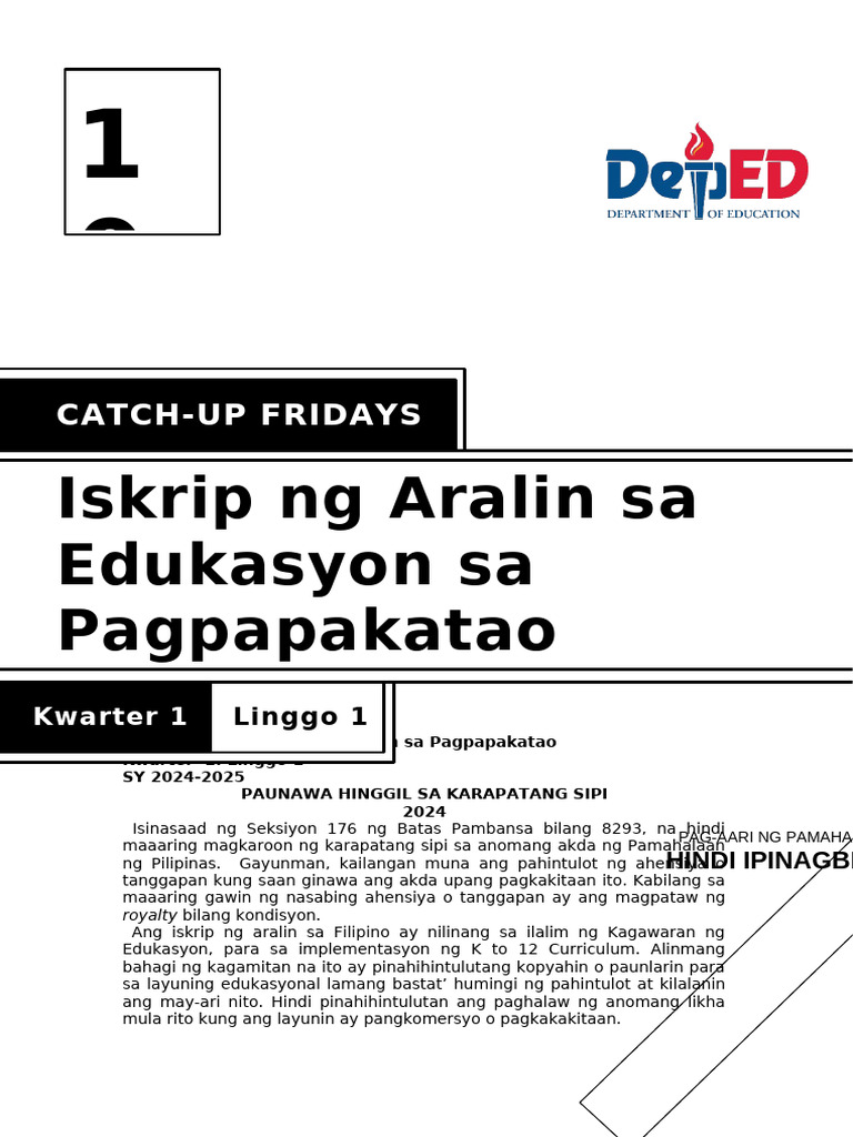 Iskrip NG Aralin Sa Edukasyon Sa Pagpapakatao: Catch-Up Fridays | PDF