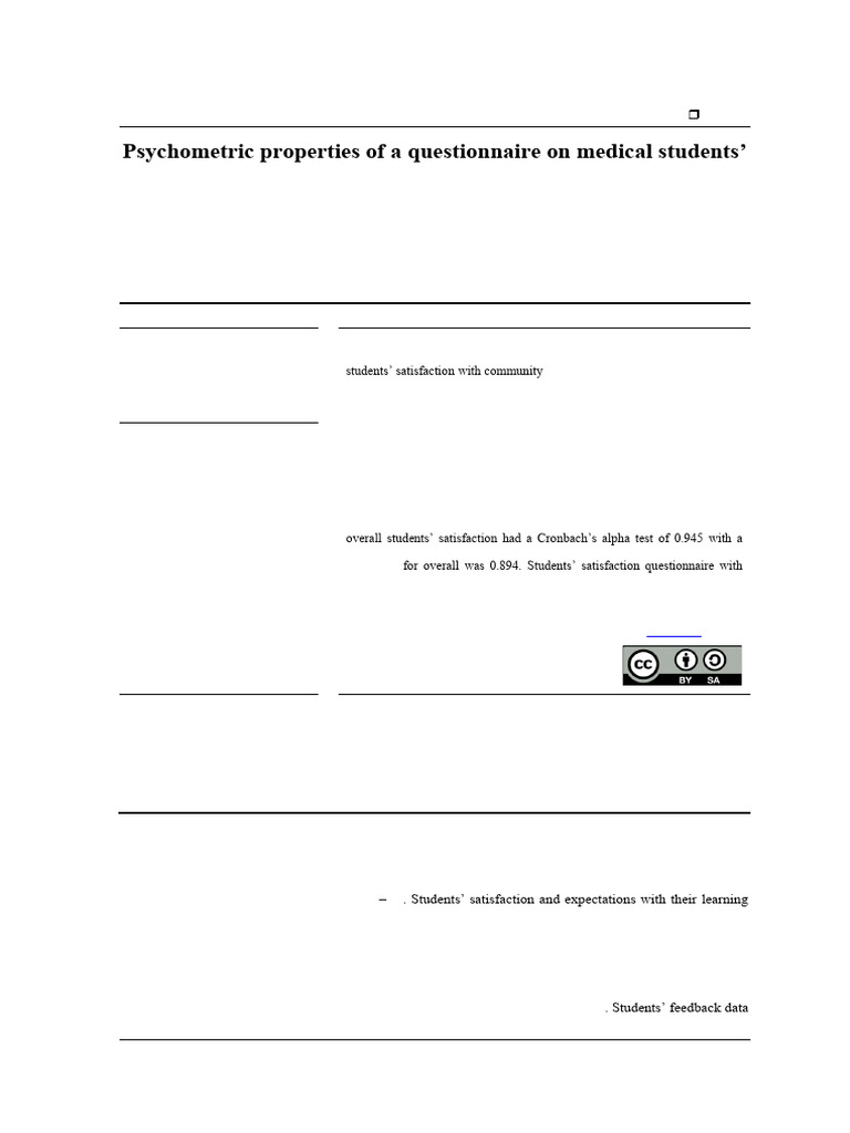 Psychometric Properties of A Questionnaire On Medical Students ...