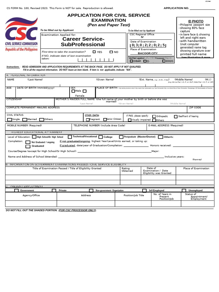 Civil Service Exam Application Form | PDF | Identity Document