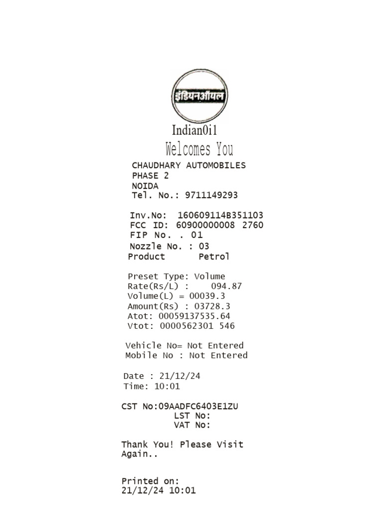 Chaudhary Automobiles Fuel Receipt | PDF