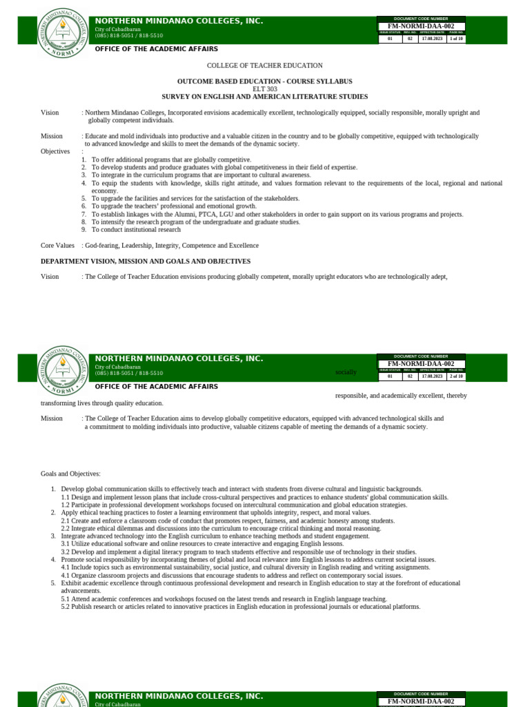 ELT 303 Course Syllabus: English Literature | PDF | Human Communication ...