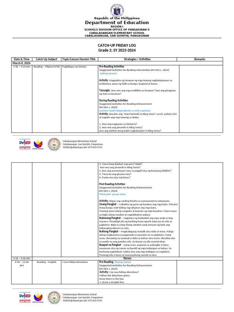 Catch-Up-Friday-Log G2 - Q3 - WK6 | PDF | Cognition | Learning