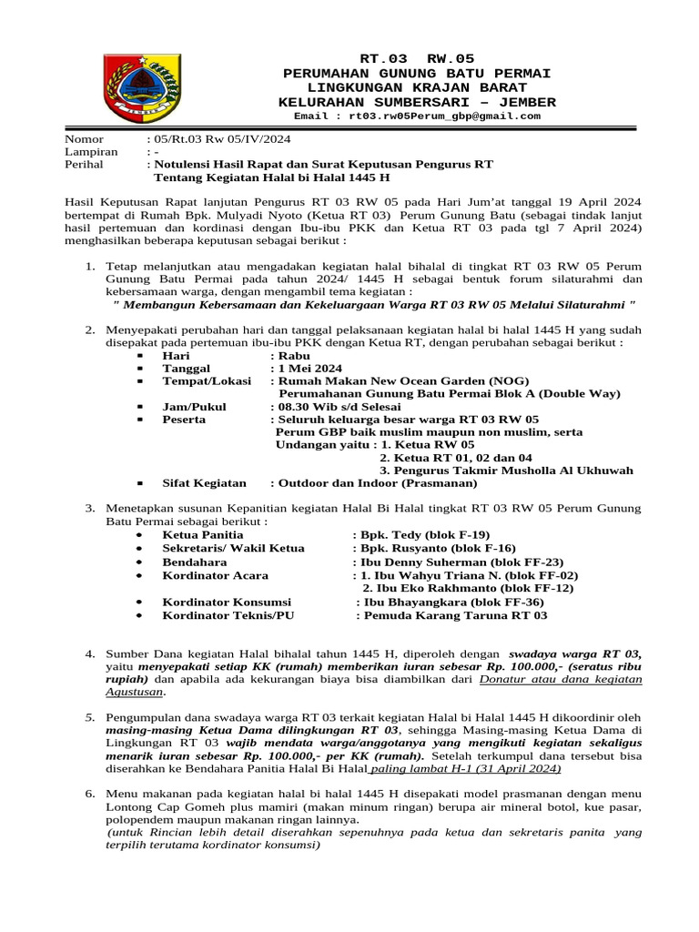 Notulensi Rapat Pengurus RT TTG Halbil 1445H | PDF